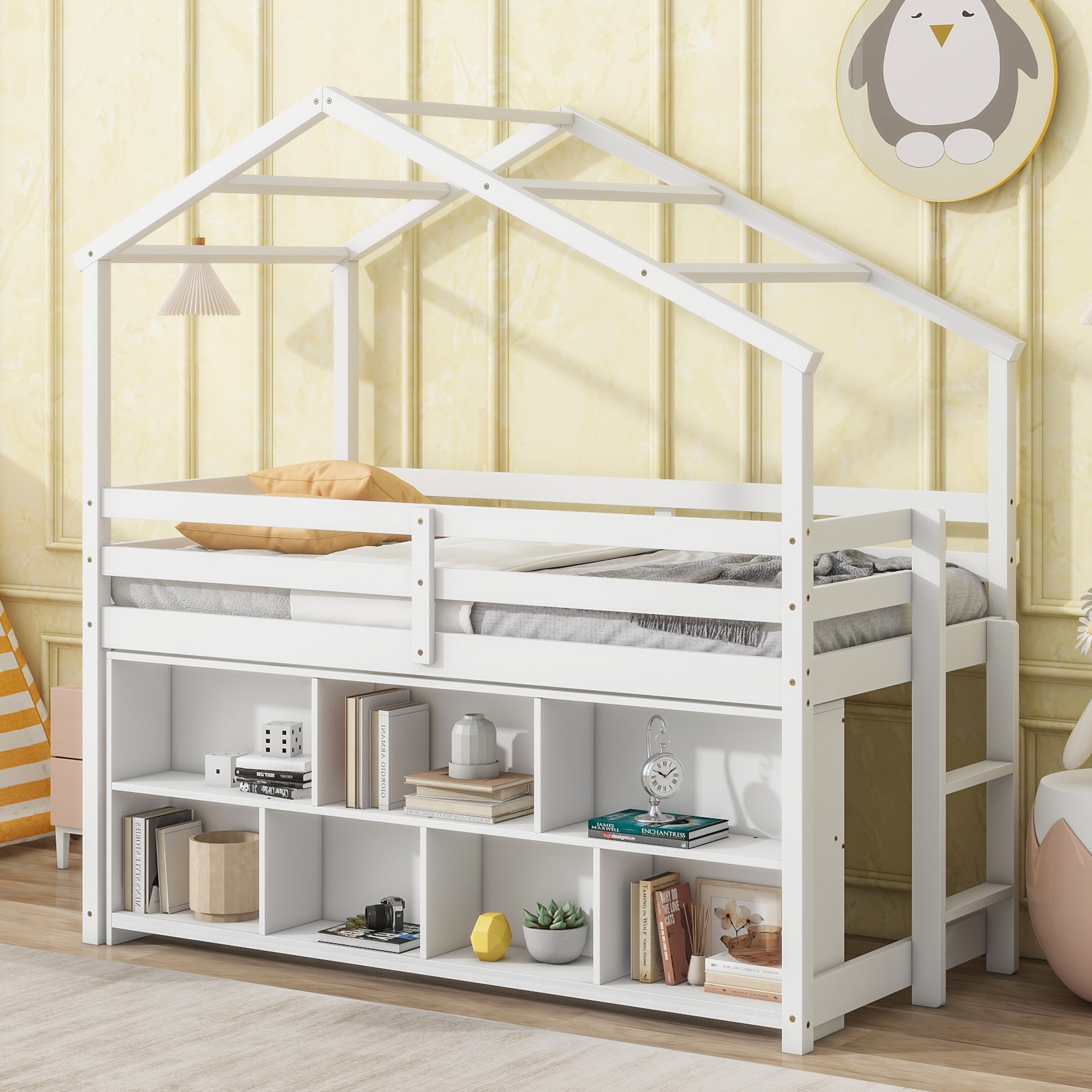 Elitezip Twin Loft Bed with Storage Shelves, Wood House Loft Bed with ...
