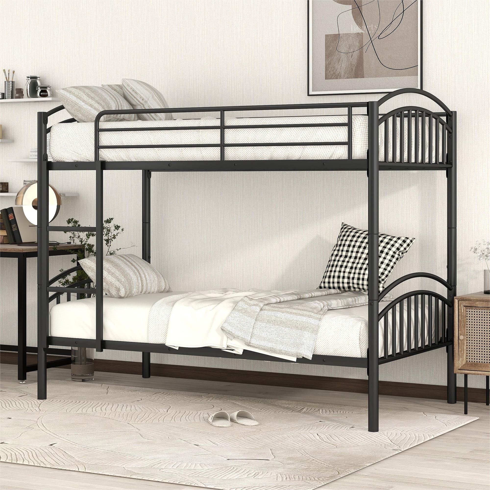 Elitezip Twin over Twin Metal Bunk Bed with Built-in Ladder and Safety ...