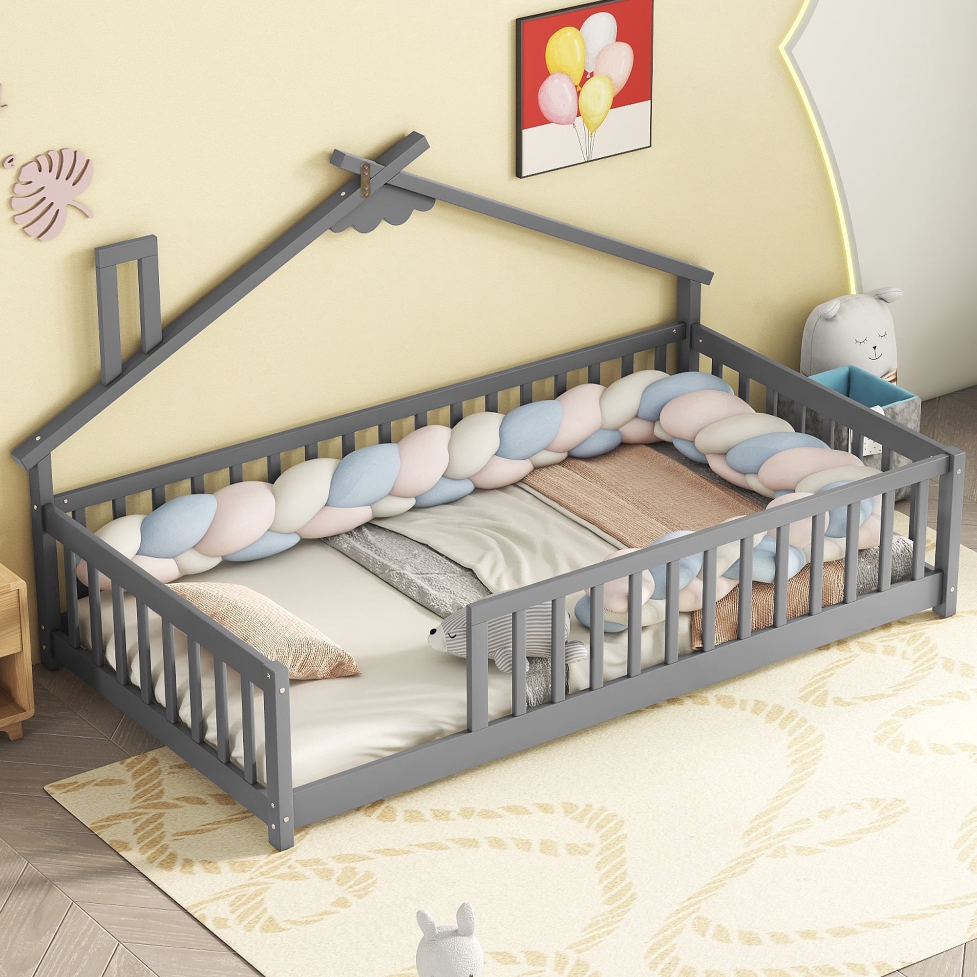 Elitezip Twin Size Floor Bed, Wood Floor Bed Frame with Bedside House ...
