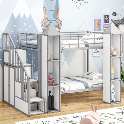 Elitezip Twin-over-Twin Castle Style Metal Bunk Bed with Wardrobe and ...