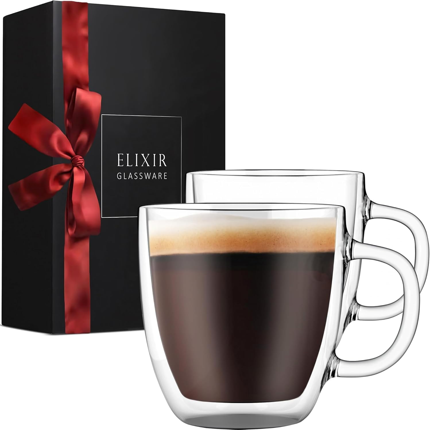 Elixir 16 oz Large Double Wall Coffee Mug Set of 2 - Double Wall Glass ...