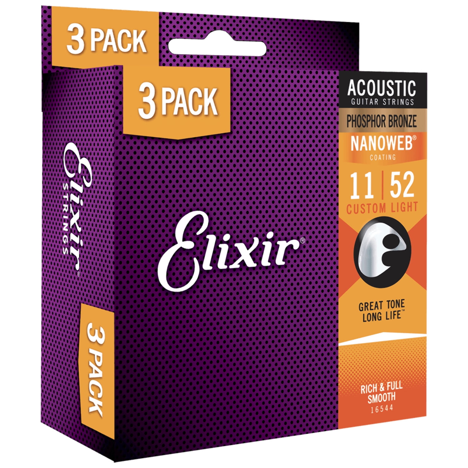 Elixir #16544 Nanoweb Phosphor Bronze Acoustic Guitar Strings .011-.052 ...