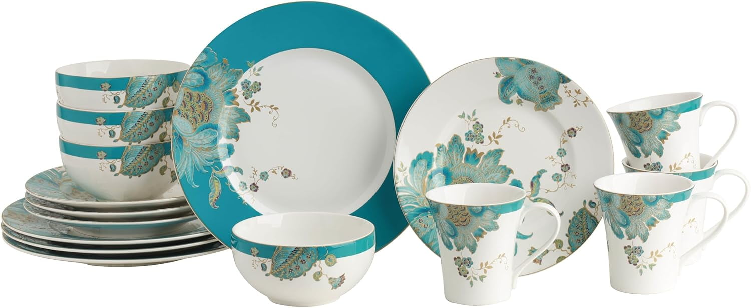 Eliza 16-Piece Teal Porcelain Dinnerware Set – Service for 4, Plate ...