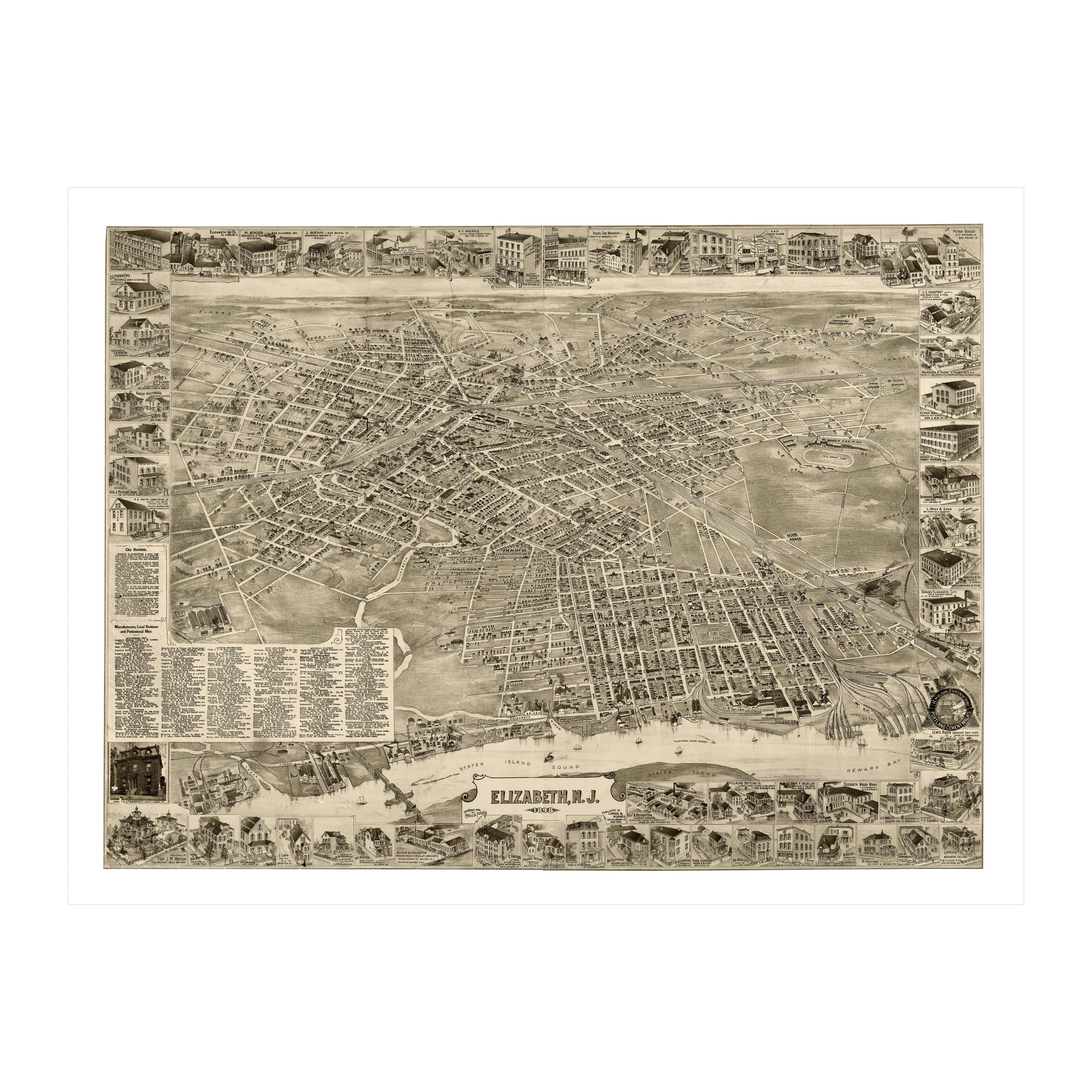 Elizabeth Art, 1898 Vintage Map of Elizabeth New Jersey, NJ History ...