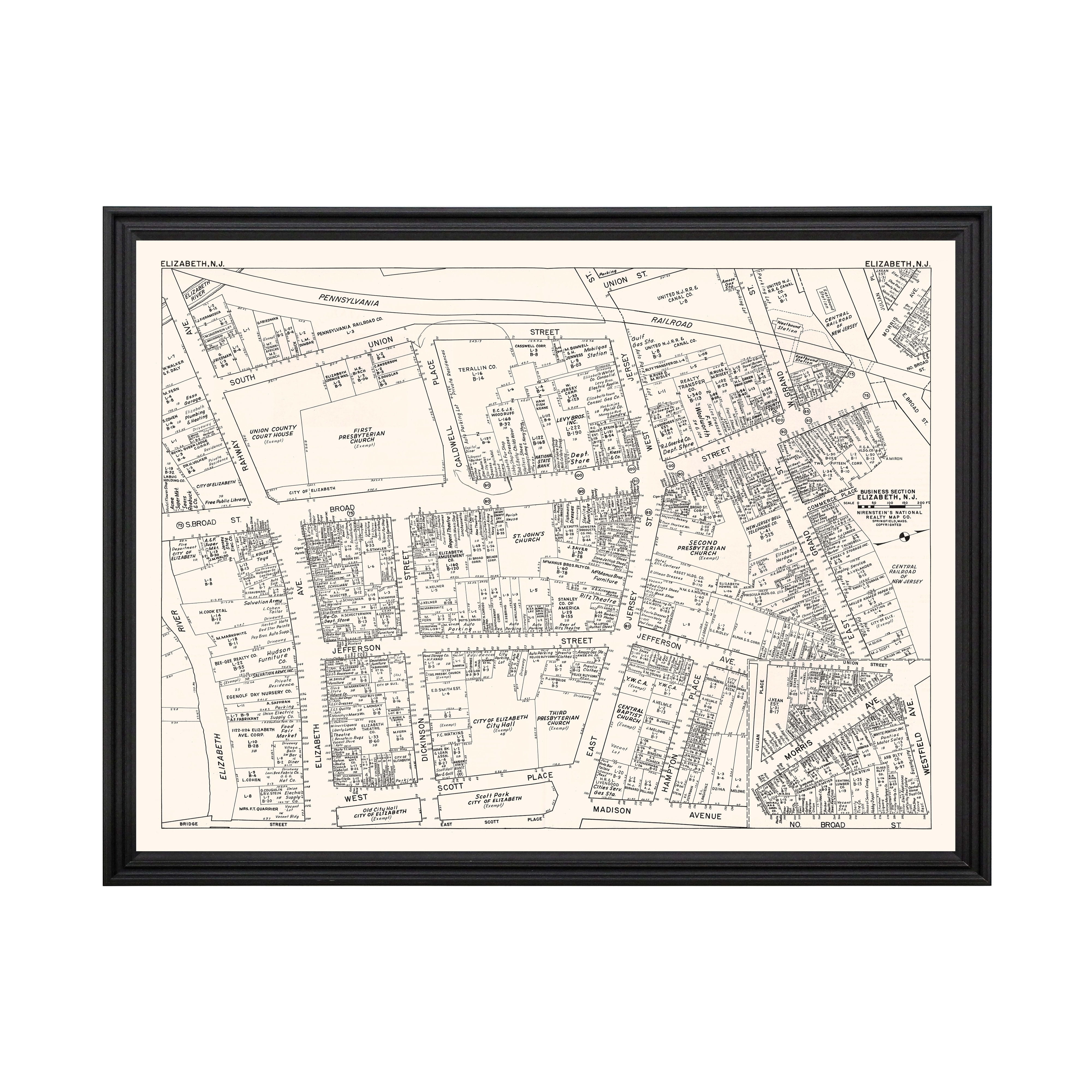 Elizabeth Art, 1947 Vintage Map of Downtown Elizabeth New Jersey, NJ ...