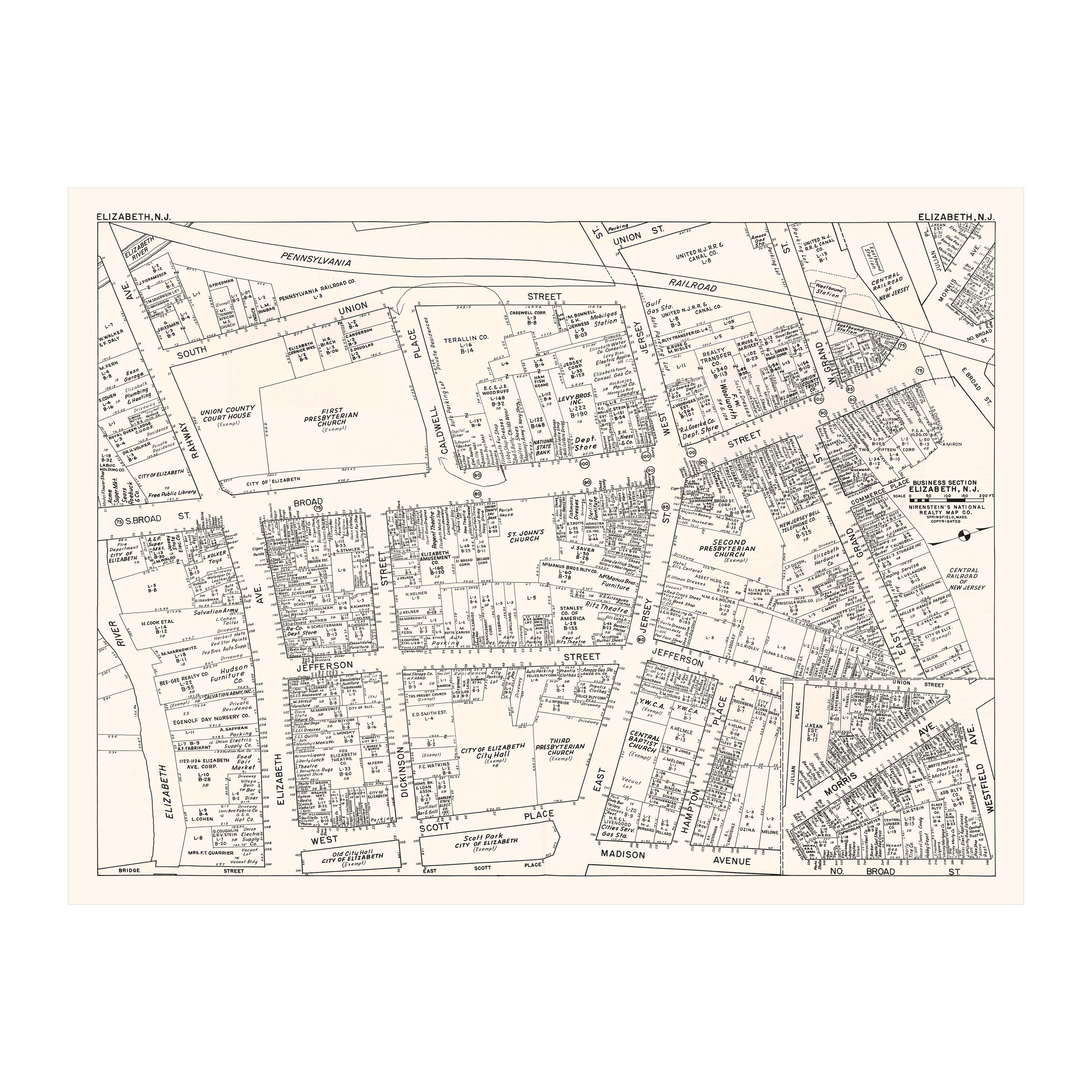 Elizabeth Art, 1947 Vintage Map of Downtown Elizabeth New Jersey, NJ ...