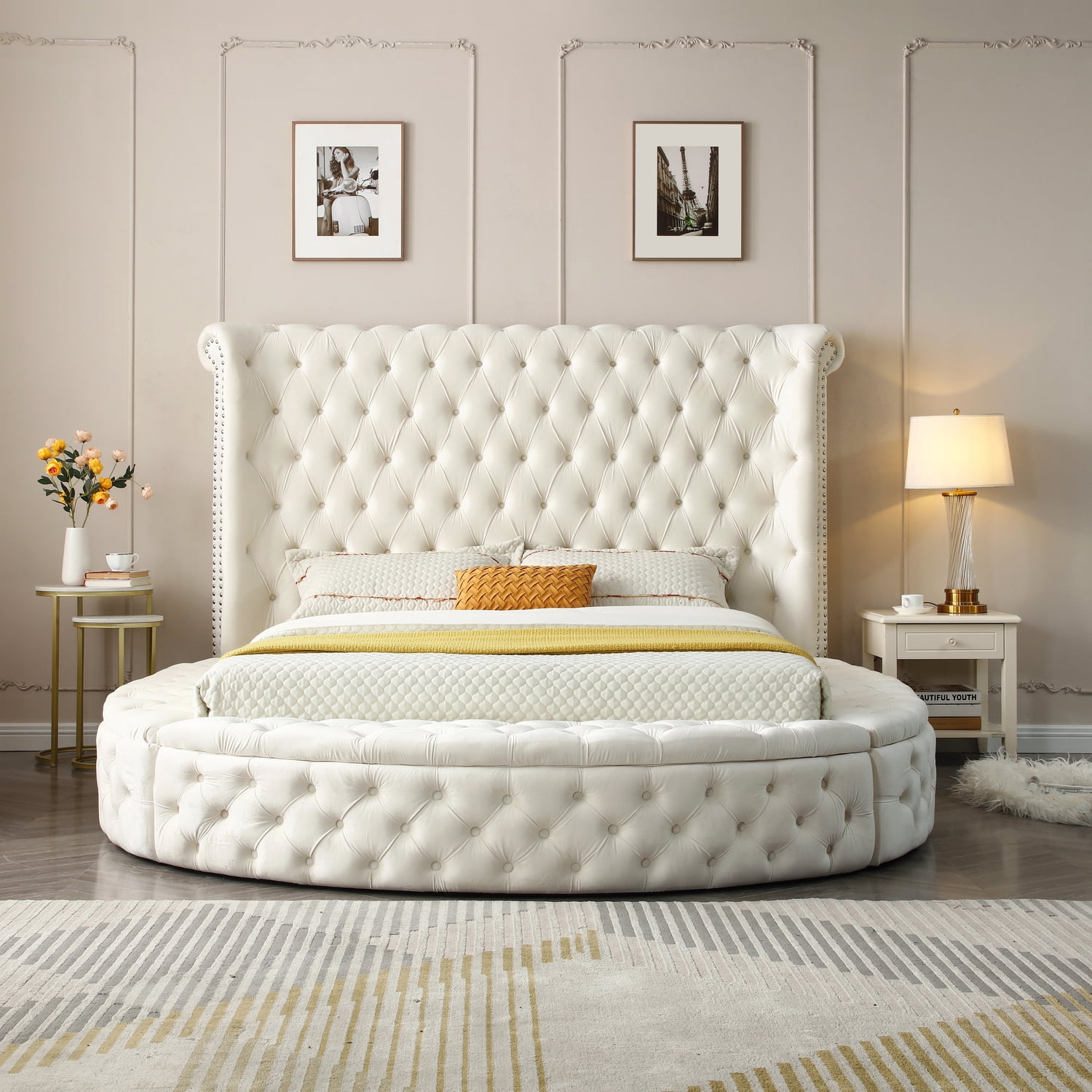 Elizabeth Upholstered Velvet Round Storage Queen Size Bed in Cream ...
