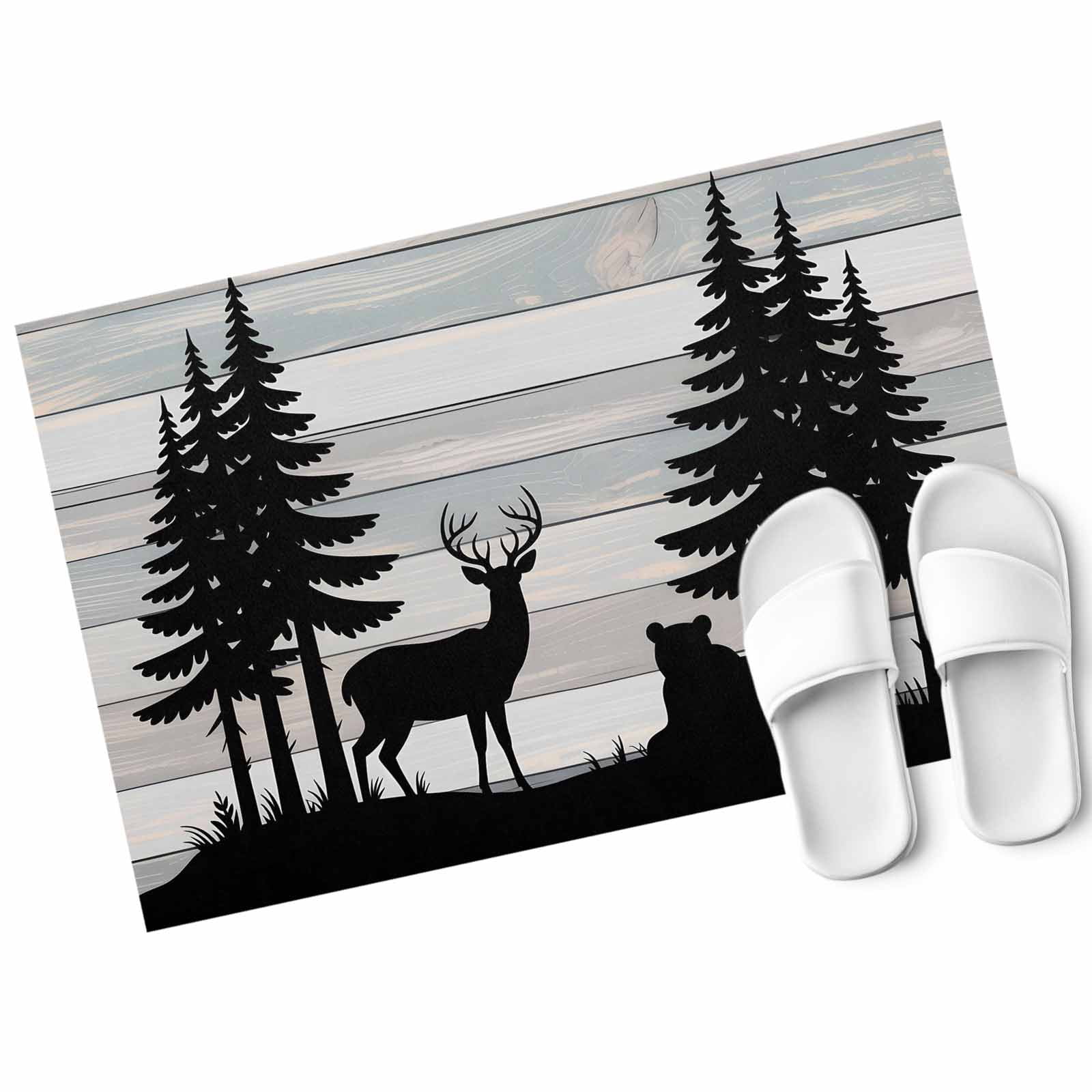 Elk Bear Silhouette Door Mat Forest Tree Nature Non Slip Absorbent ...