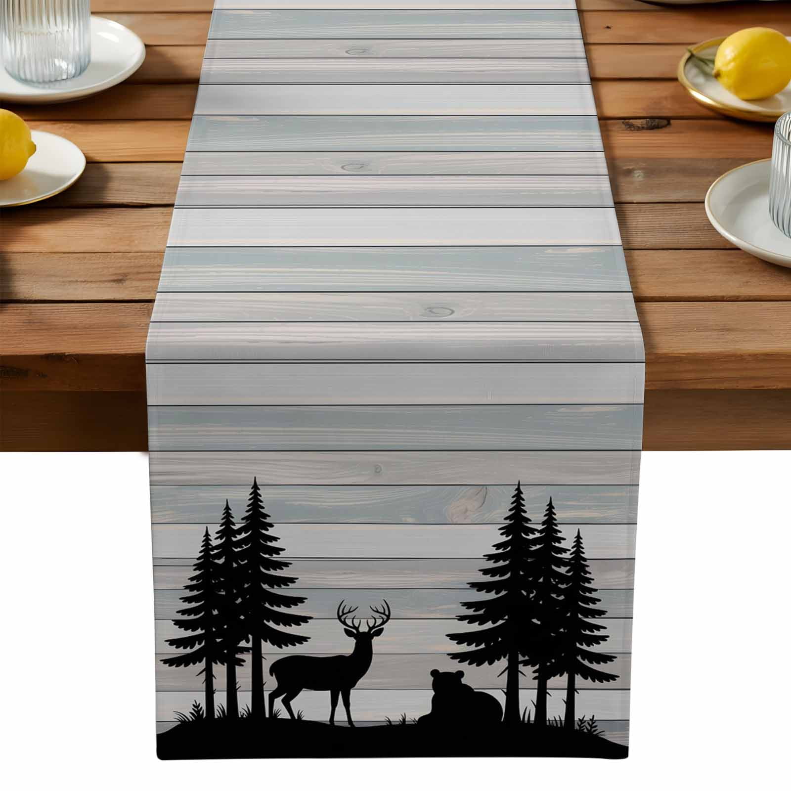 Elk Bear Silhouette Table Runner, Forest Tree Nature Kitchen Table ...