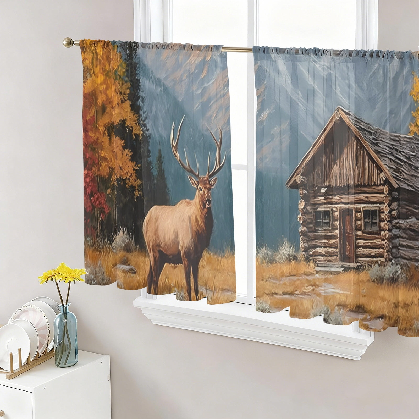 Elk Cabin Sheer Curtains for Living Room Bedroom Wilderness Autumnal ...