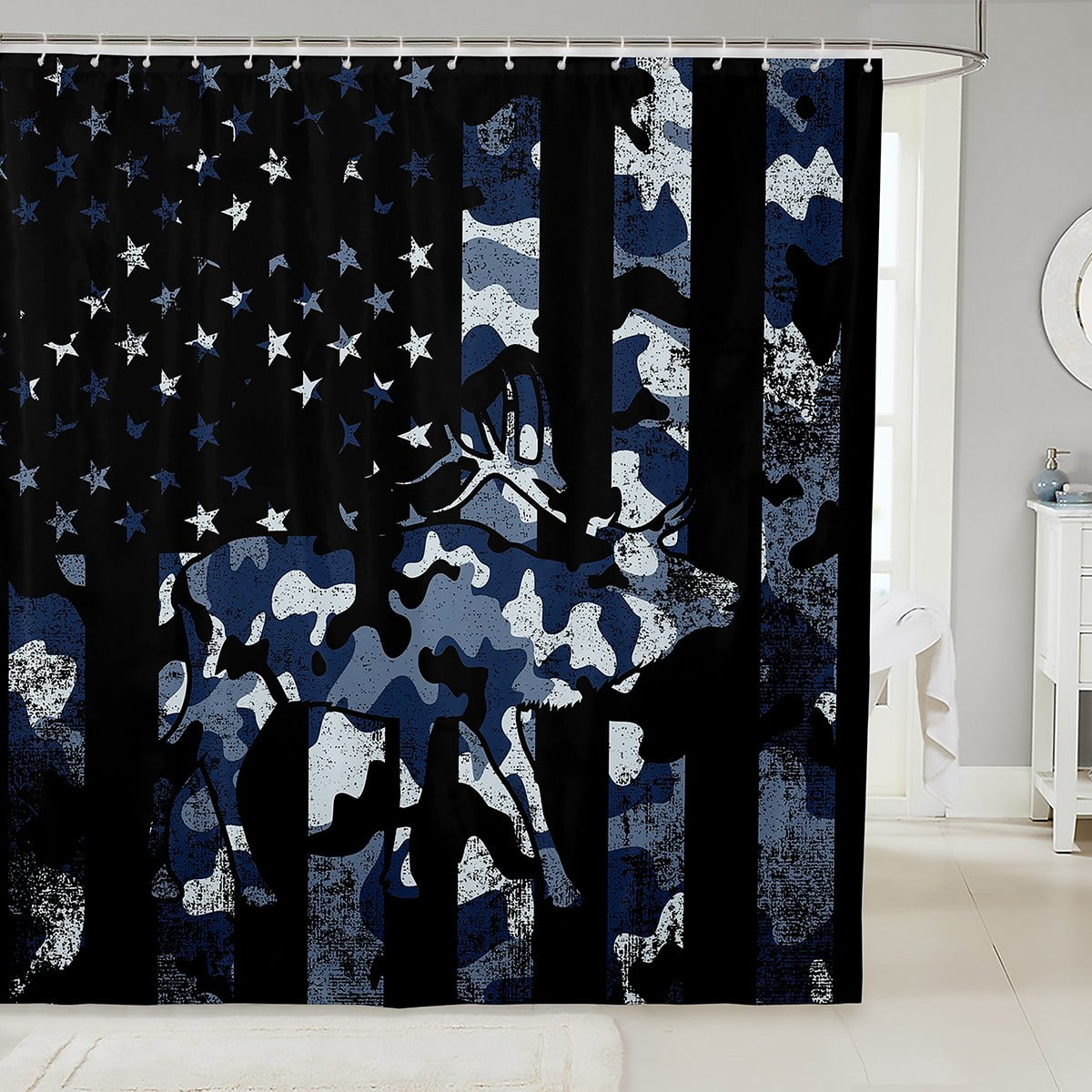 Elk Deer Bath Curtain Moose American Flag Navy Blue Camouflage United ...