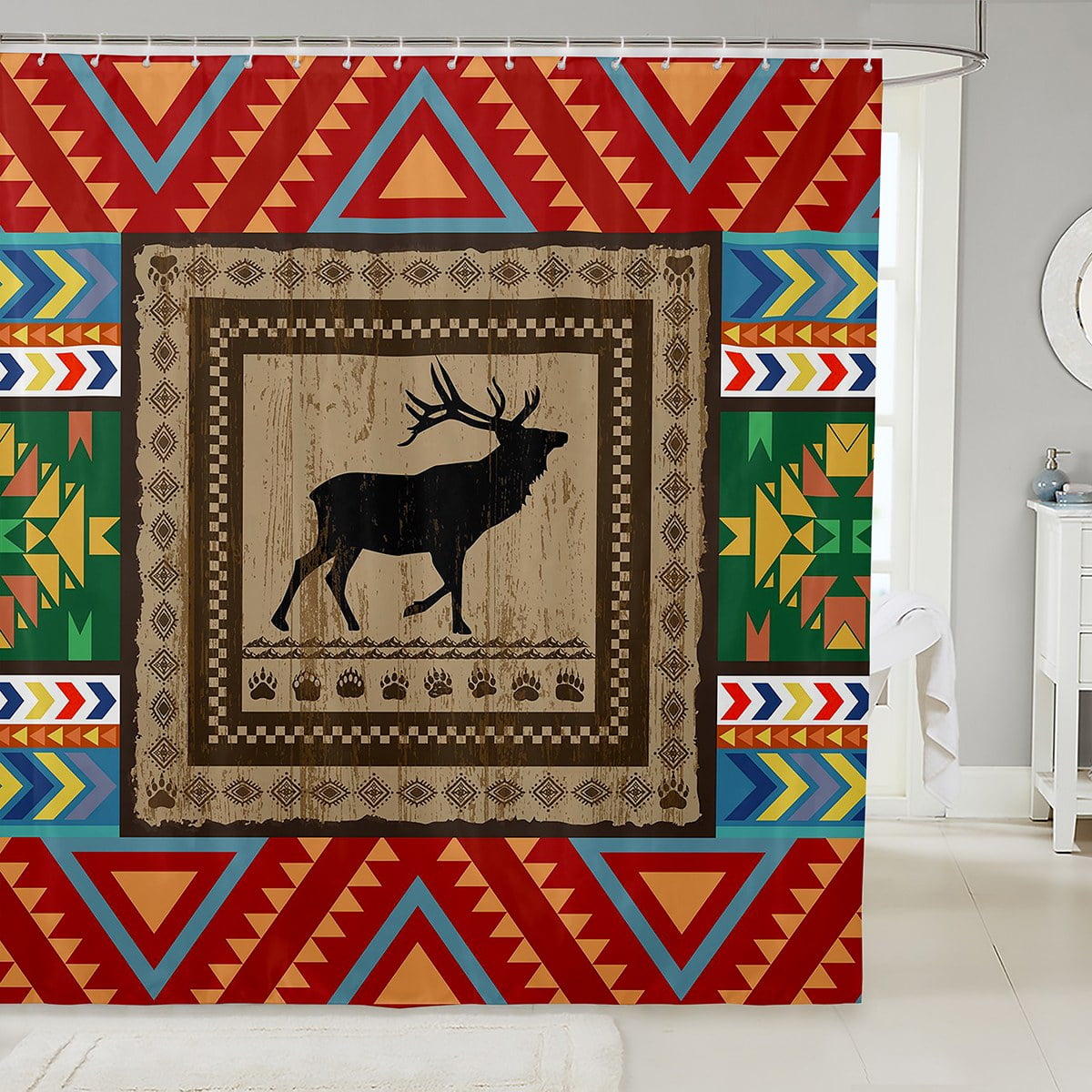 Elk Deer Bathroom Curtain Boho Ethnic Aztec Shower Curtain Moose ...