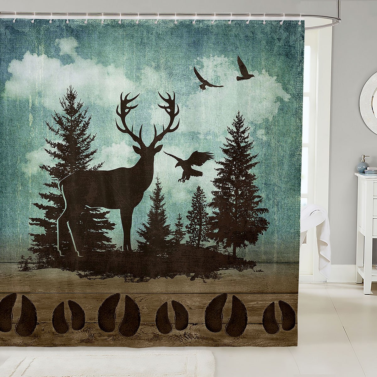 Elk Deer Bathroom Shower Curtain Sets Rustic Pine Trees 72"Wx78"L Bath ...