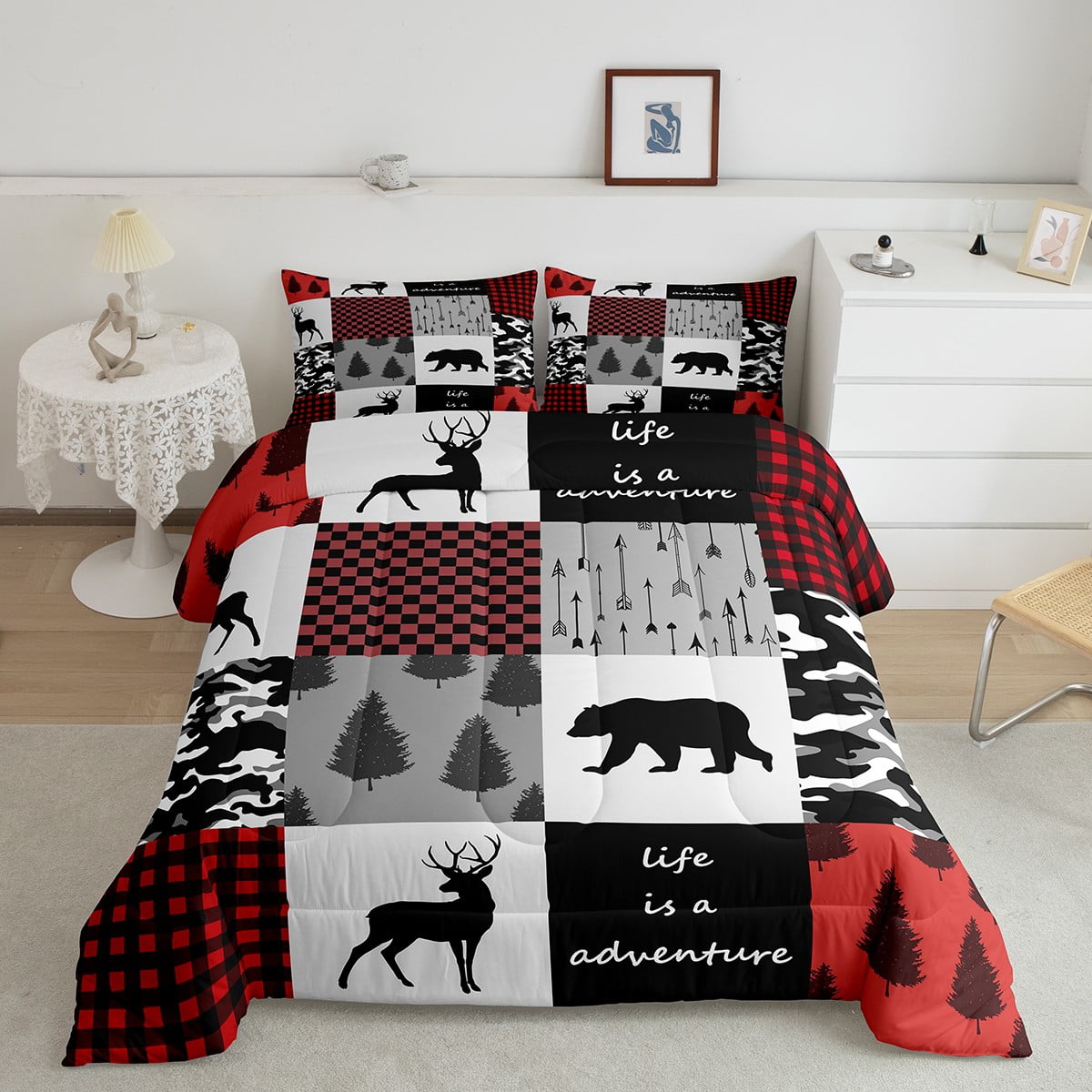 Elk Deer Bear Comforter Set Queen Black and White Camouflage Quilt ...