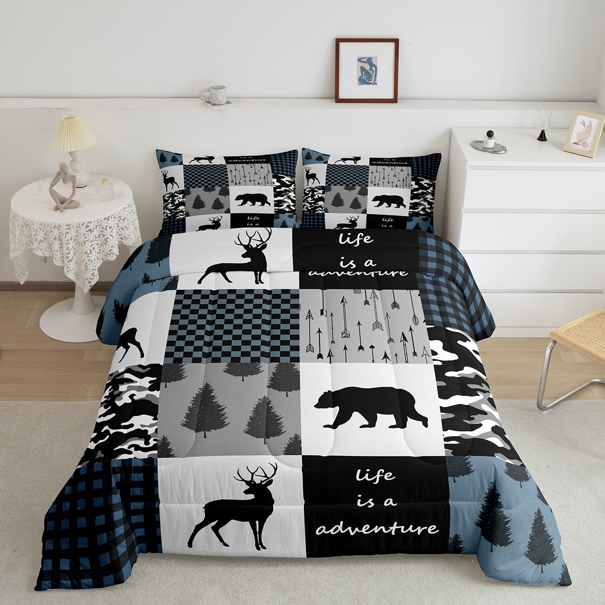 Elk Deer Bear Comforter Set Queen Black and White Camouflage Quilt ...