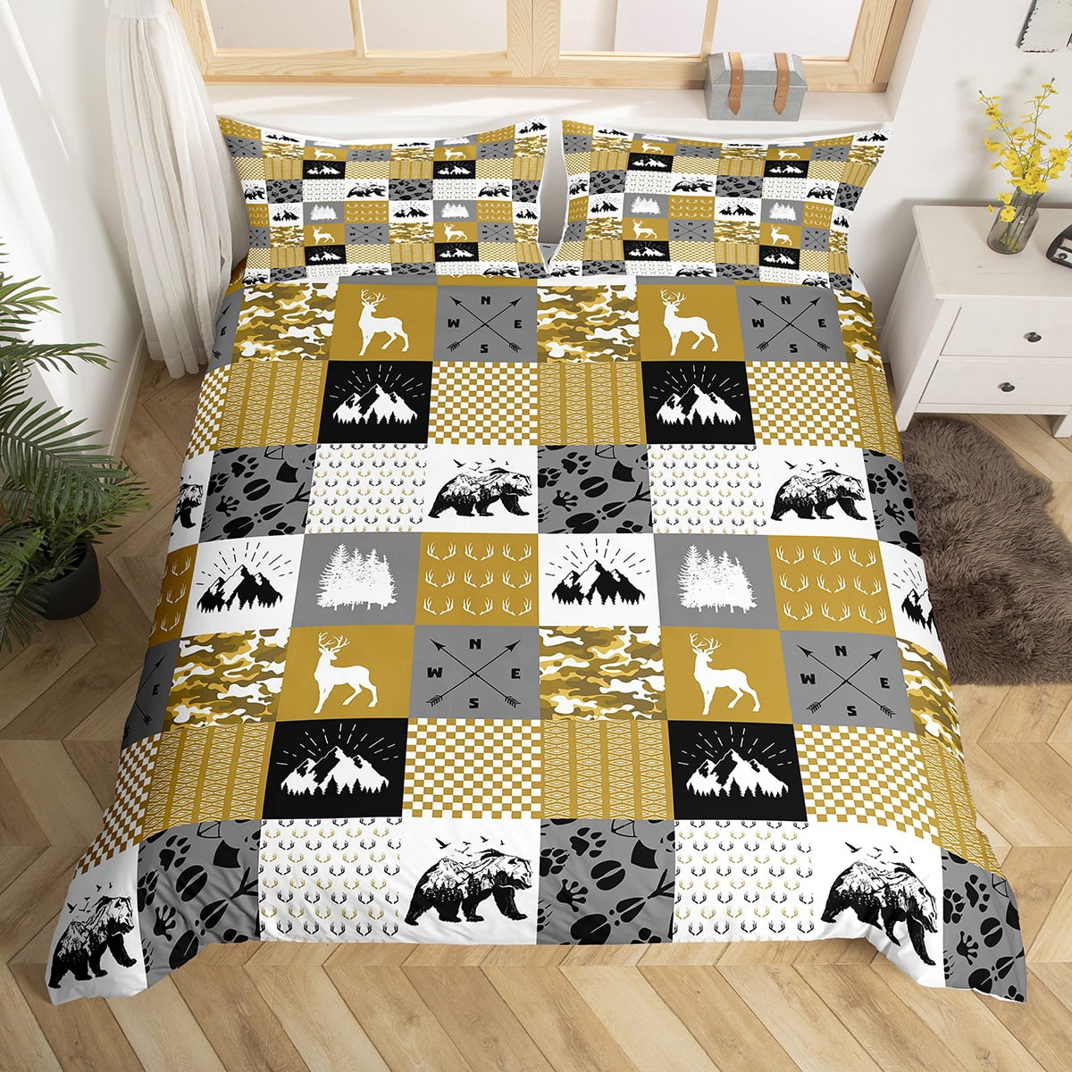 Elk Deer Bear Duvet Cover King Yellow Camouflage Comforter Cover for ...