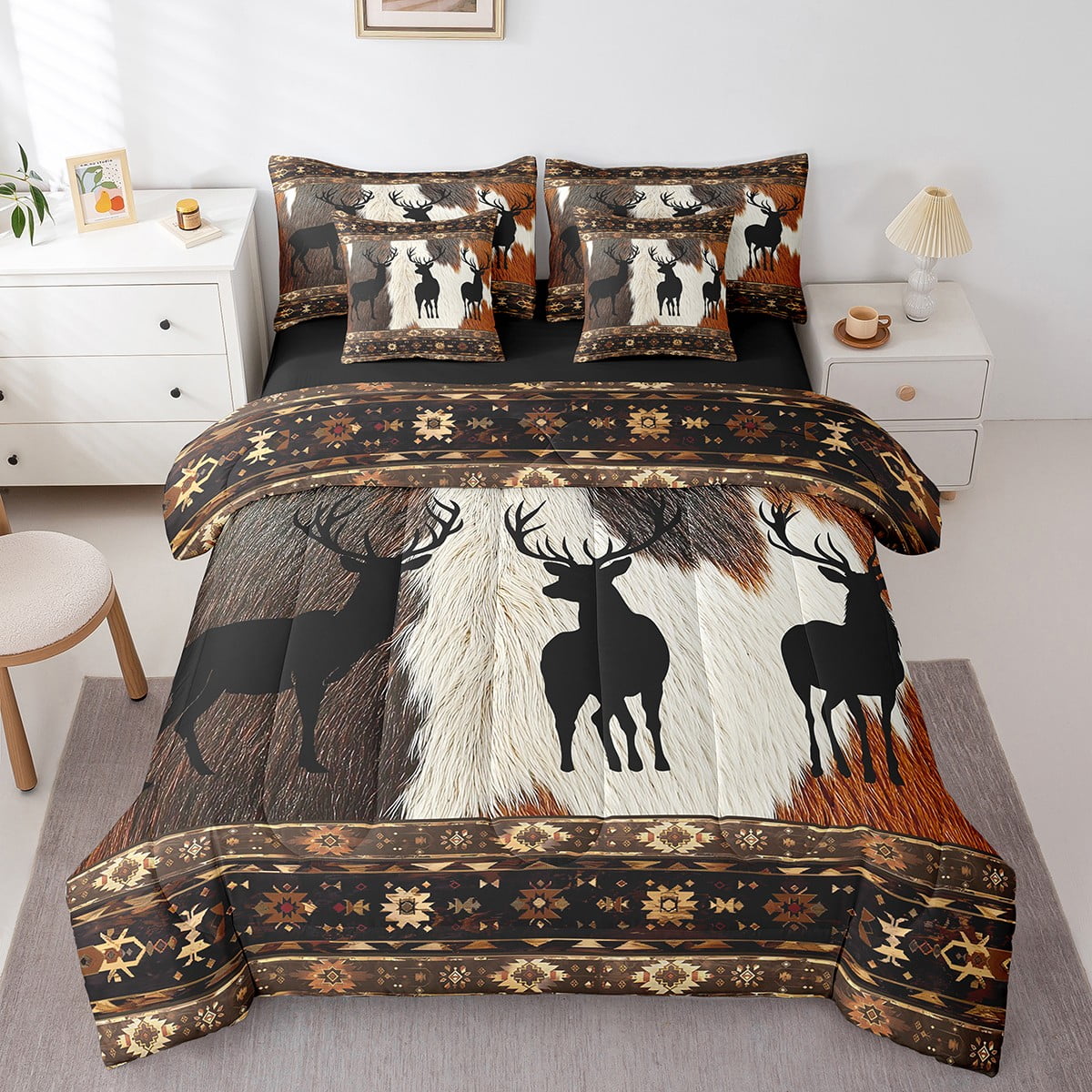 Elk Deer Bed in a Bag King Size Comforter Set 7 Pieces Geometry Aztec ...