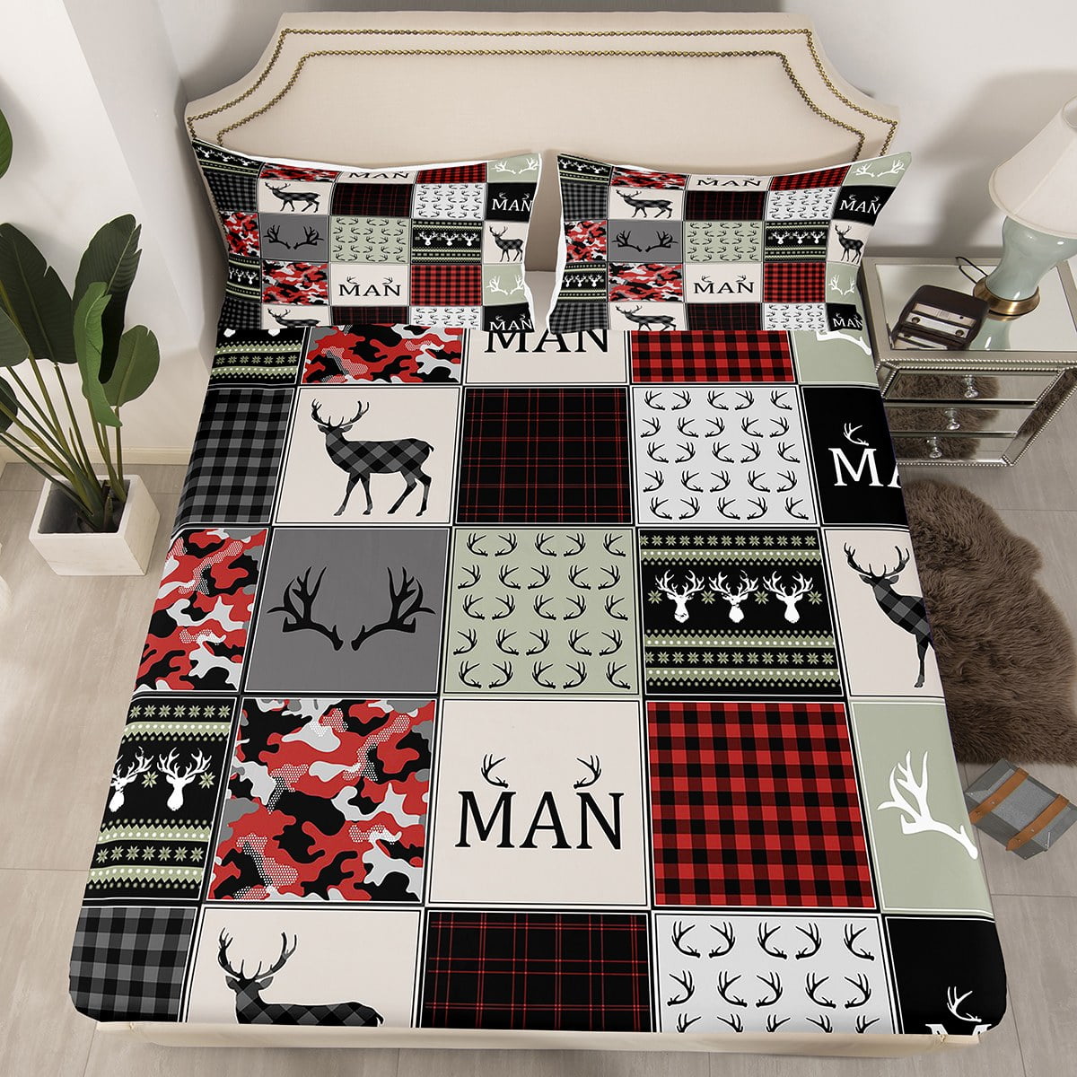 Elk Deer Bed Sheets Red Black Camouflage Sheets,Retro Black Checkered ...