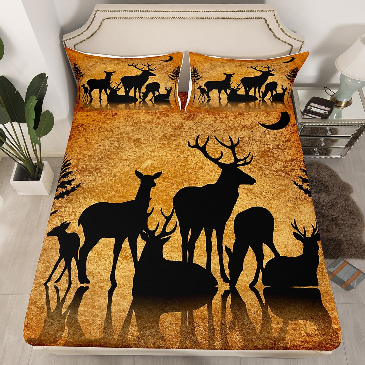 Elk Deer Bed Sheets Wildlife Moose Bedding Set,Grunge Vintage Reindeer ...