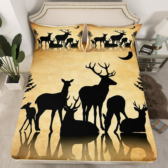Elk Deer Bed Sheets Wildlife Moose Bedding Set,Grunge Vintage Reindeer ...