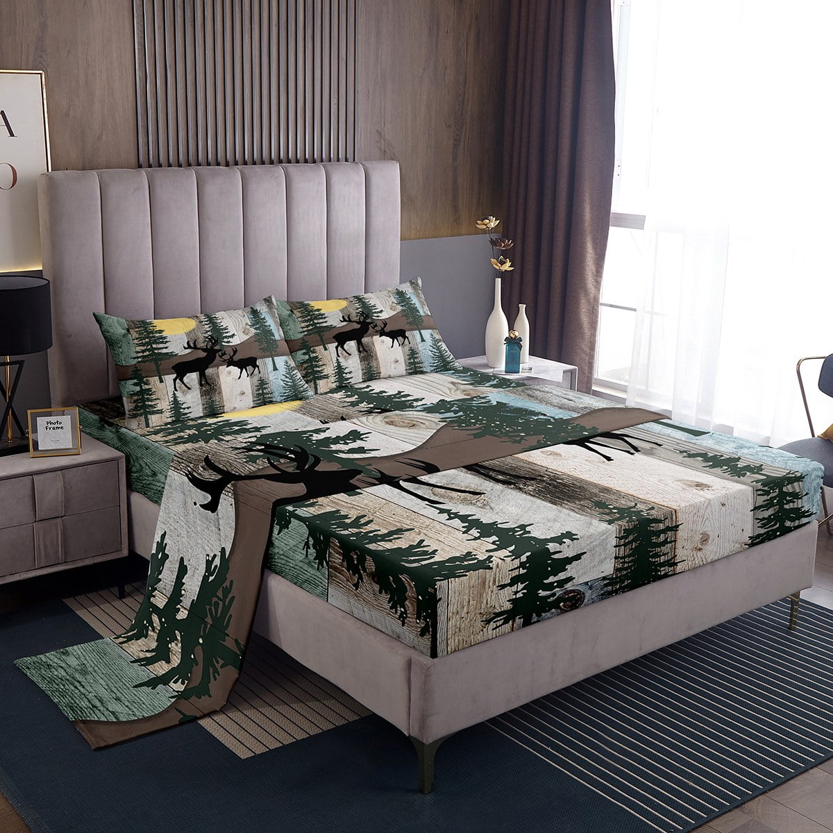 Elk Deer Bed Sheets Set Lodge Cabin Backdrop Queen Sheet Set ,Christmas ...