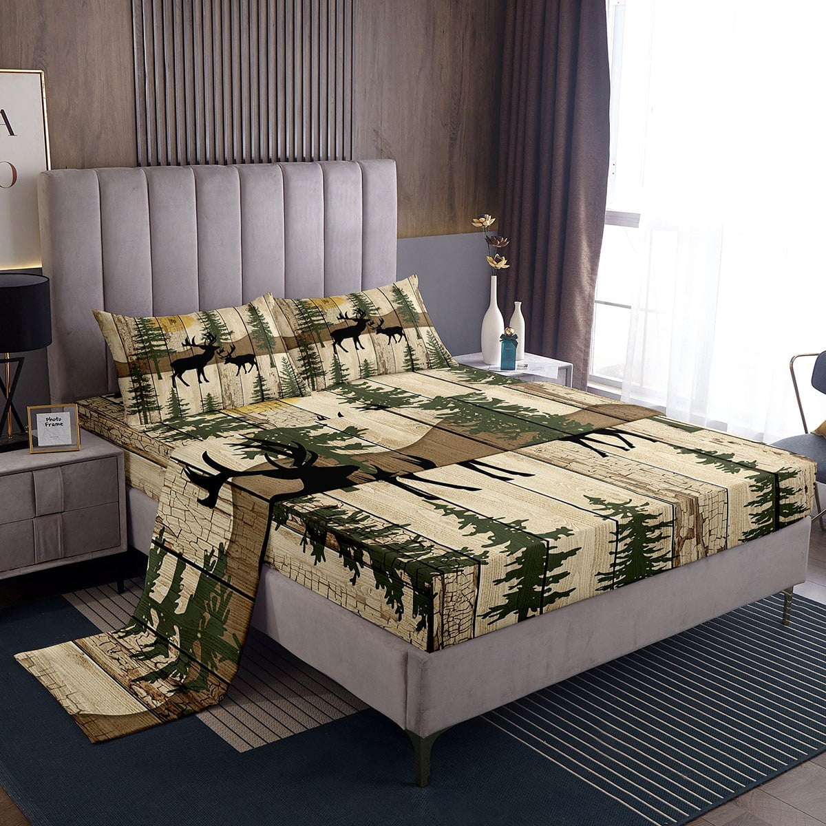 Elk Deer Bed Sheets Set Lodge Cabin Backdrop Queen Sheet Set for Girls ...