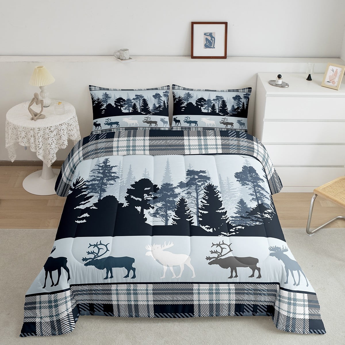 Elk Deer Bedding Set Blue Checked Plaid Comforter Set Full,Christmas ...
