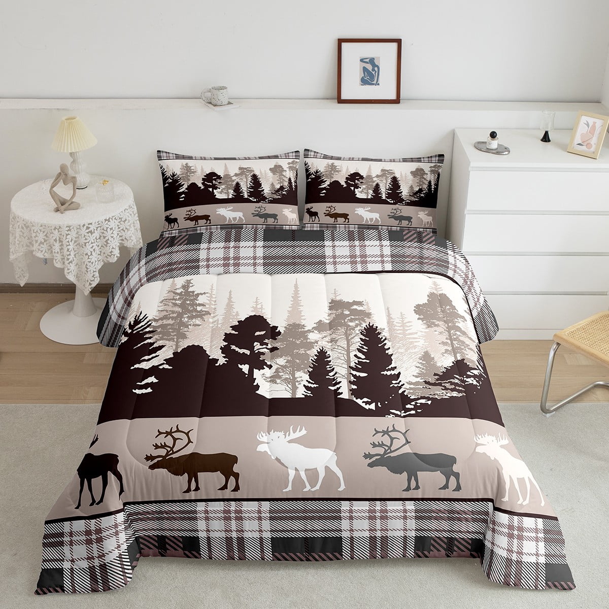 Elk Deer Bedding Set Buffalo Plaid Comforter Set King,Christmas Moose ...
