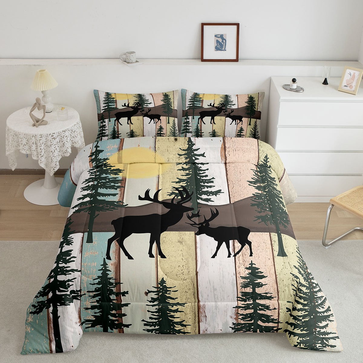 Elk Deer Bedding Set Lodge Cabin Backdrop Full Comforter Set for Girls ...