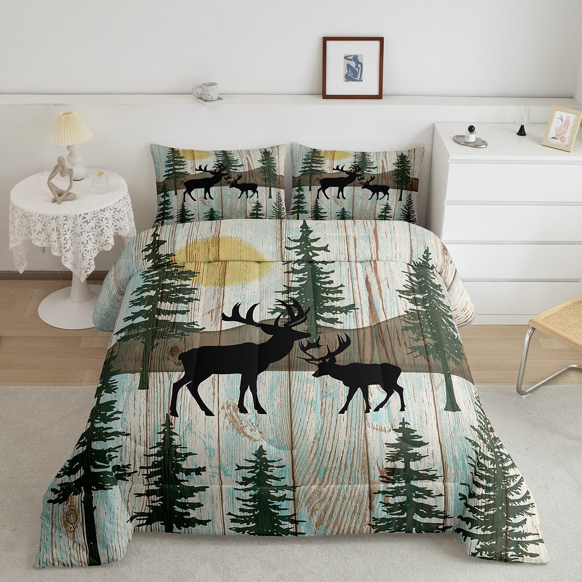 Elk Deer Bedding Set Lodge Cabin Backdrop King Comforter Set ,Christmas ...