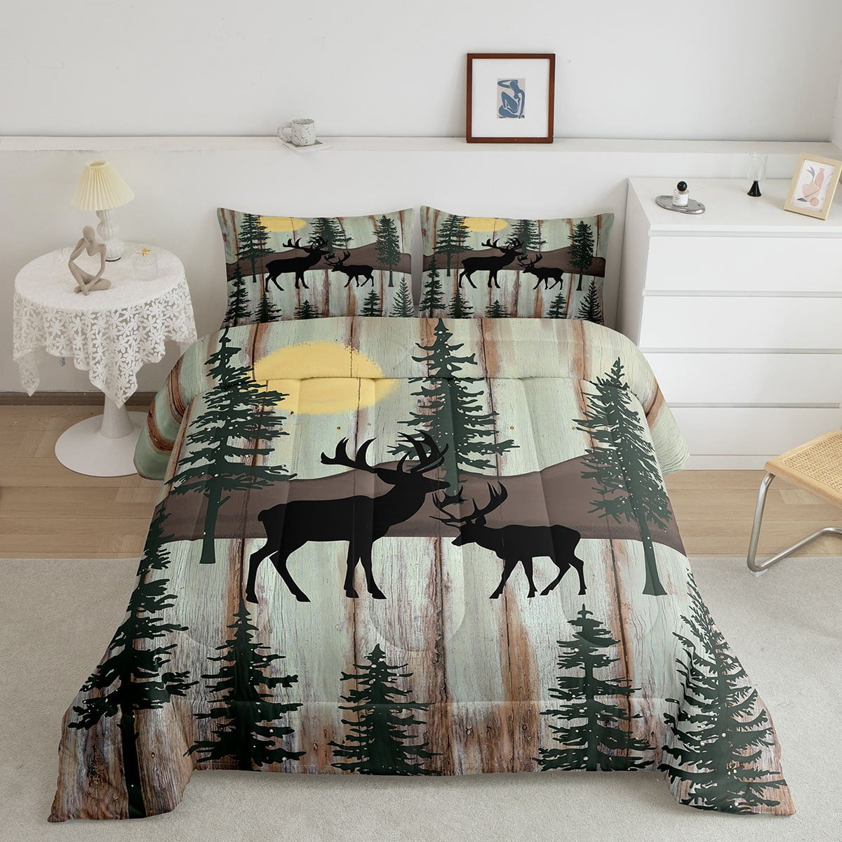 Elk Deer Bedding Set Lodge Cabin Backdrop Queen Comforter Set for Girls ...