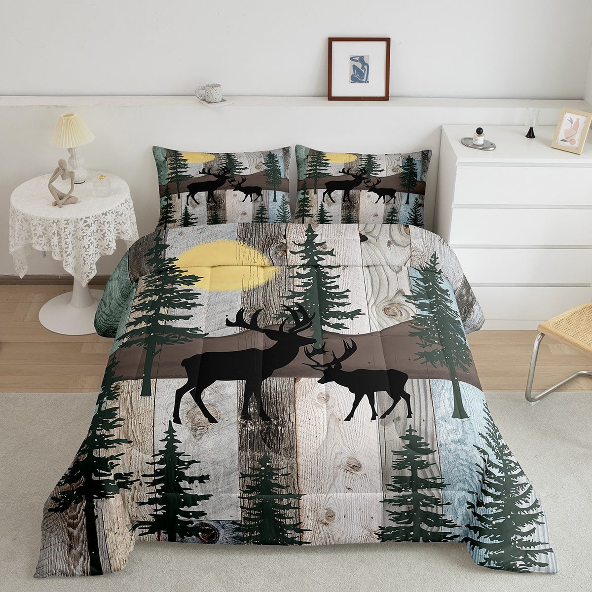 Elk Deer Bedding Set Lodge Cabin Backdrop Queen Comforter Set for Girls ...