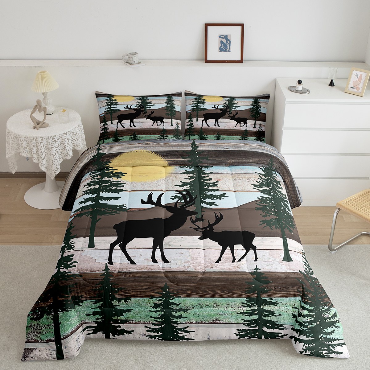 Elk Deer Bedding Set Lodge Cabin Backdrop Twin Comforter Set for Girls ...
