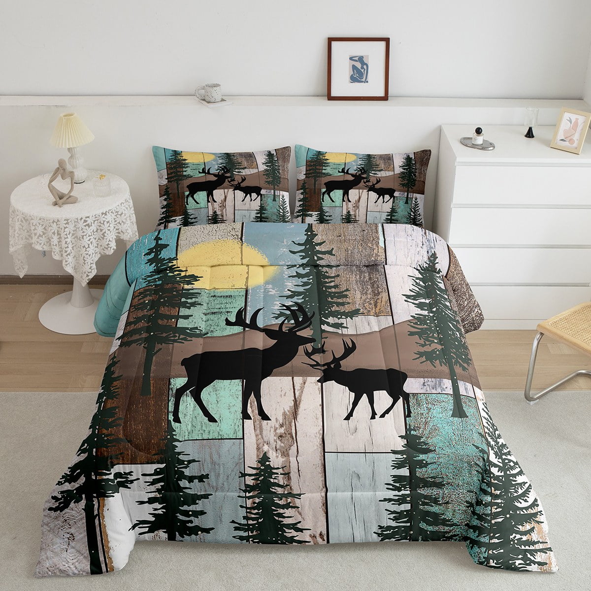 Elk Deer Bedding Set Lodge Cabin Backdrop Twin Comforter Set for Girls ...