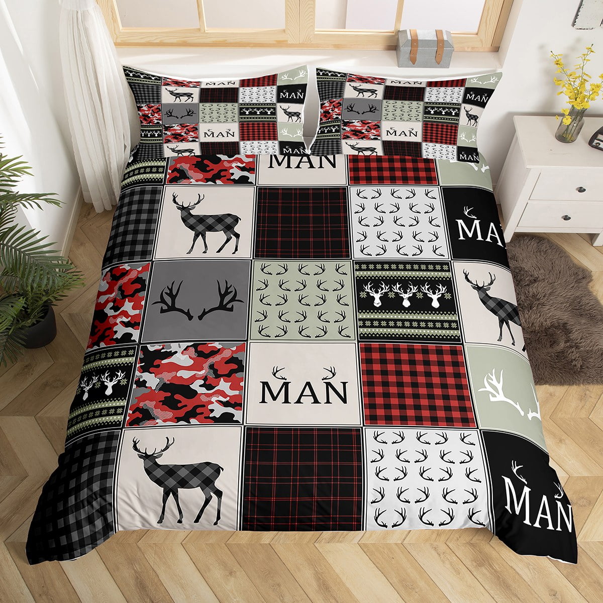 Elk Deer Bedding Set Red Black Camouflage Comforter Cover,Retro Black ...