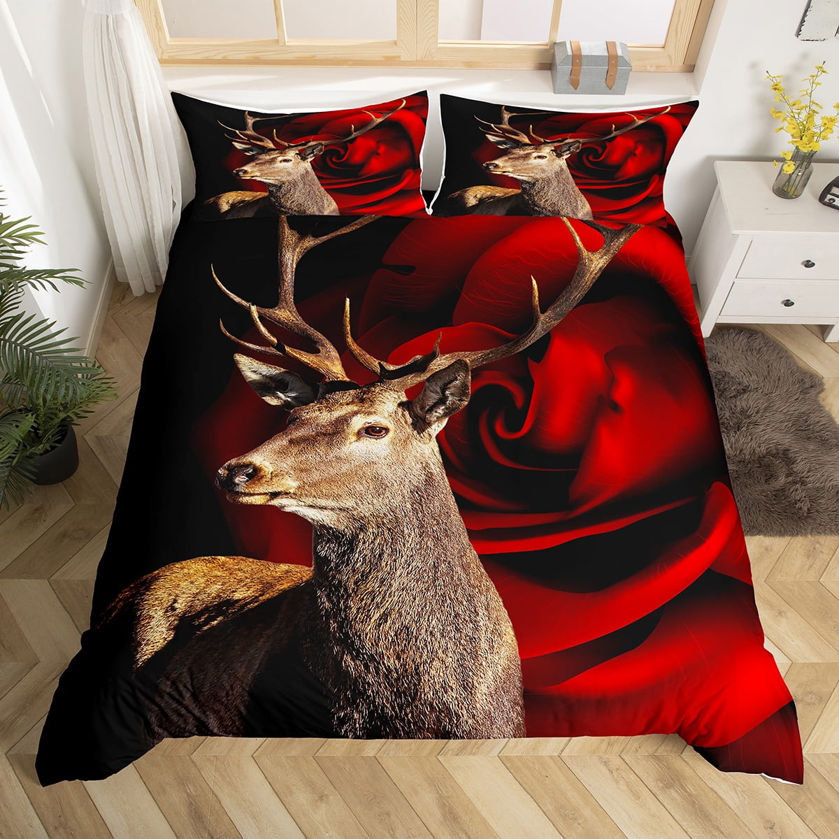 Elk Deer Bedding Set Red Rose Bush Comforter Cover Women Adult Man,Romantic Flowers Duvet Cover ...