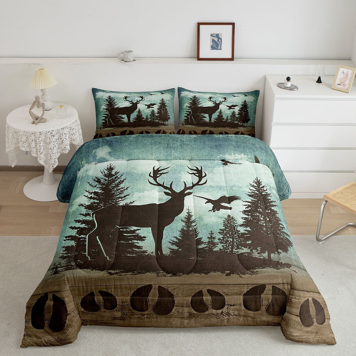 Elk Deer Bedding Set Rustic Pine Trees Queen Comforter Set for Boys ...