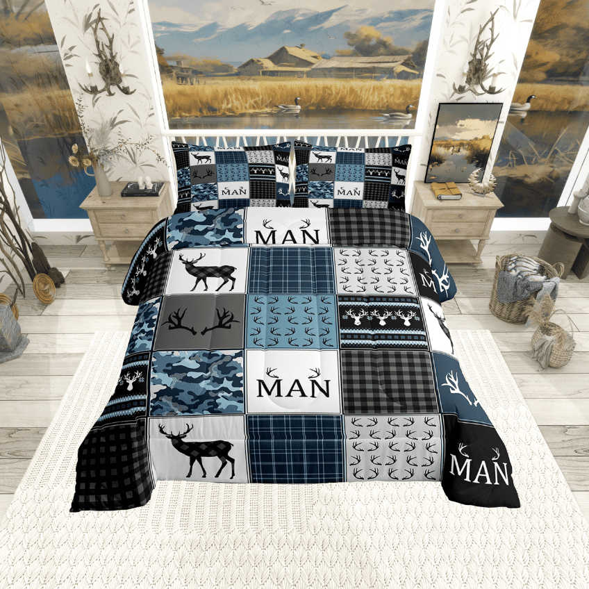 Elk Deer Bedding Set Teal Blue Camouflage Quilt,Retro Black Checkered ...