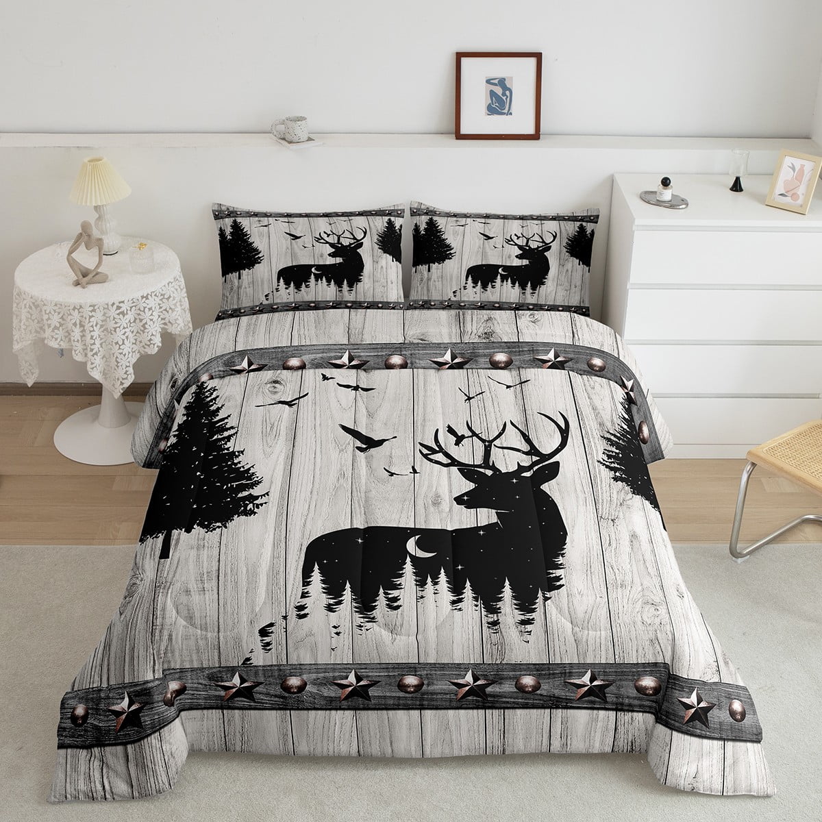 Elk Deer Bedding Set Western Texas Star Quilt,Moose Reindeer Black ...