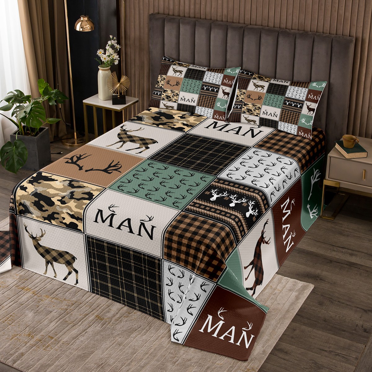 Elk Deer Bedspread Set Black Brown Camouflage Coverlet Set,Retro ...