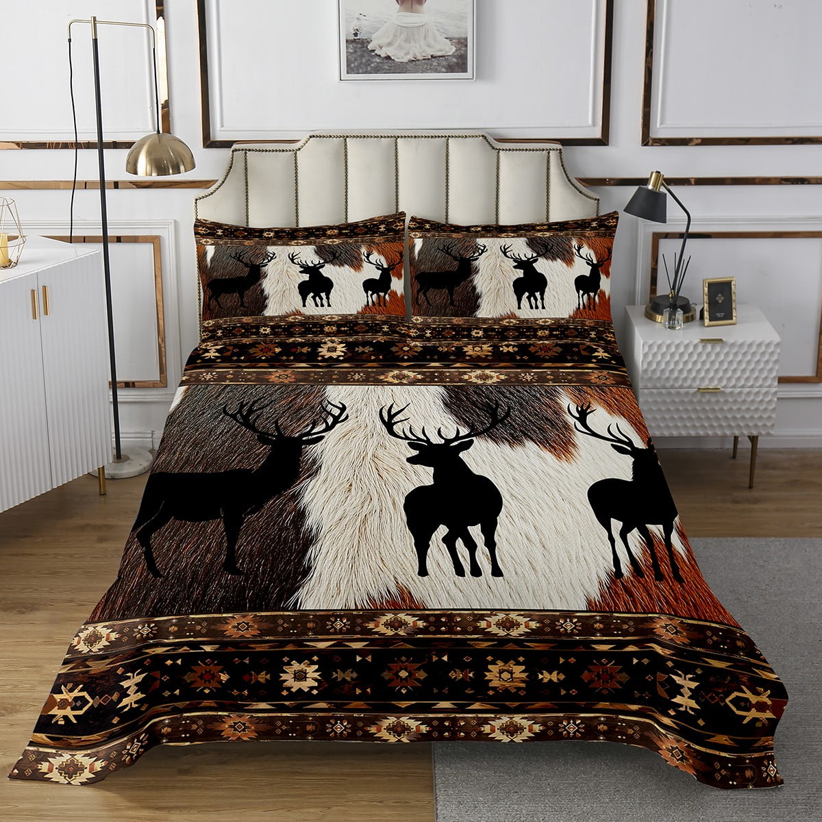 Elk Deer Bedspread Set Geometry Aztec Quilt Set Queen,Woodland Animals ...