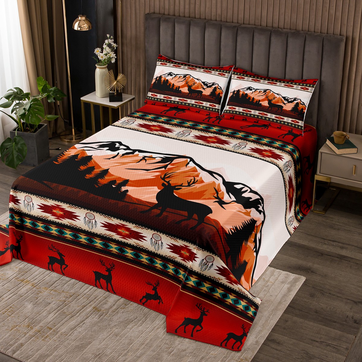 Elk Deer Bedspread Set Tribe Arrow Aztec Coverlet Set,African Tribal ...