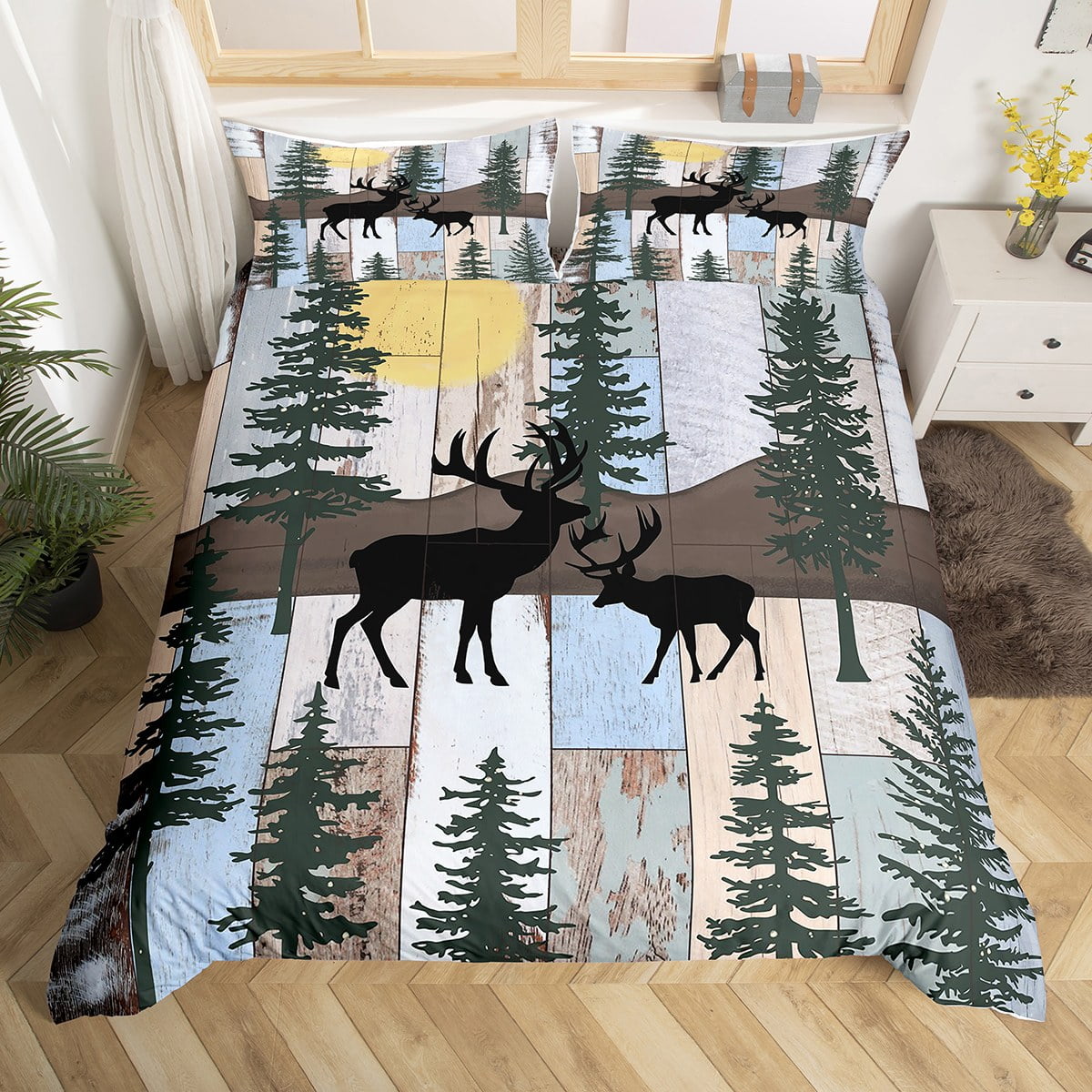 Elk Deer Comforter Cover Farmhouse Cottage Lodge Queen Bedding Sets for ...