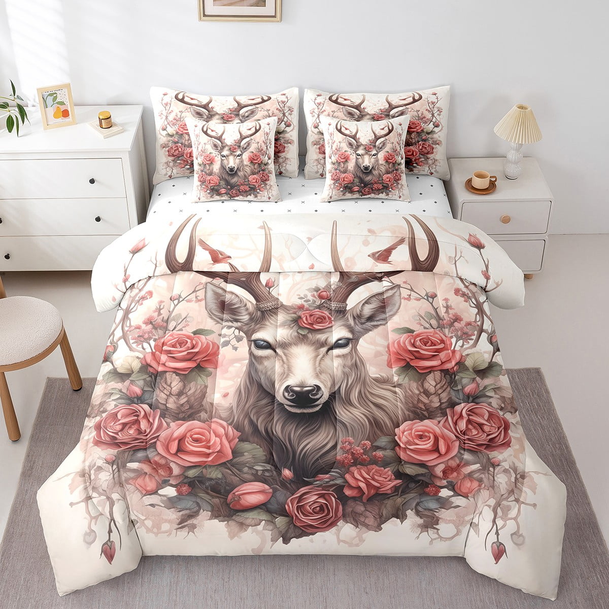 Elk Deer Comforter Set 7 Piece Bed in a Bag Twin,Vintage Rose Flowers ...