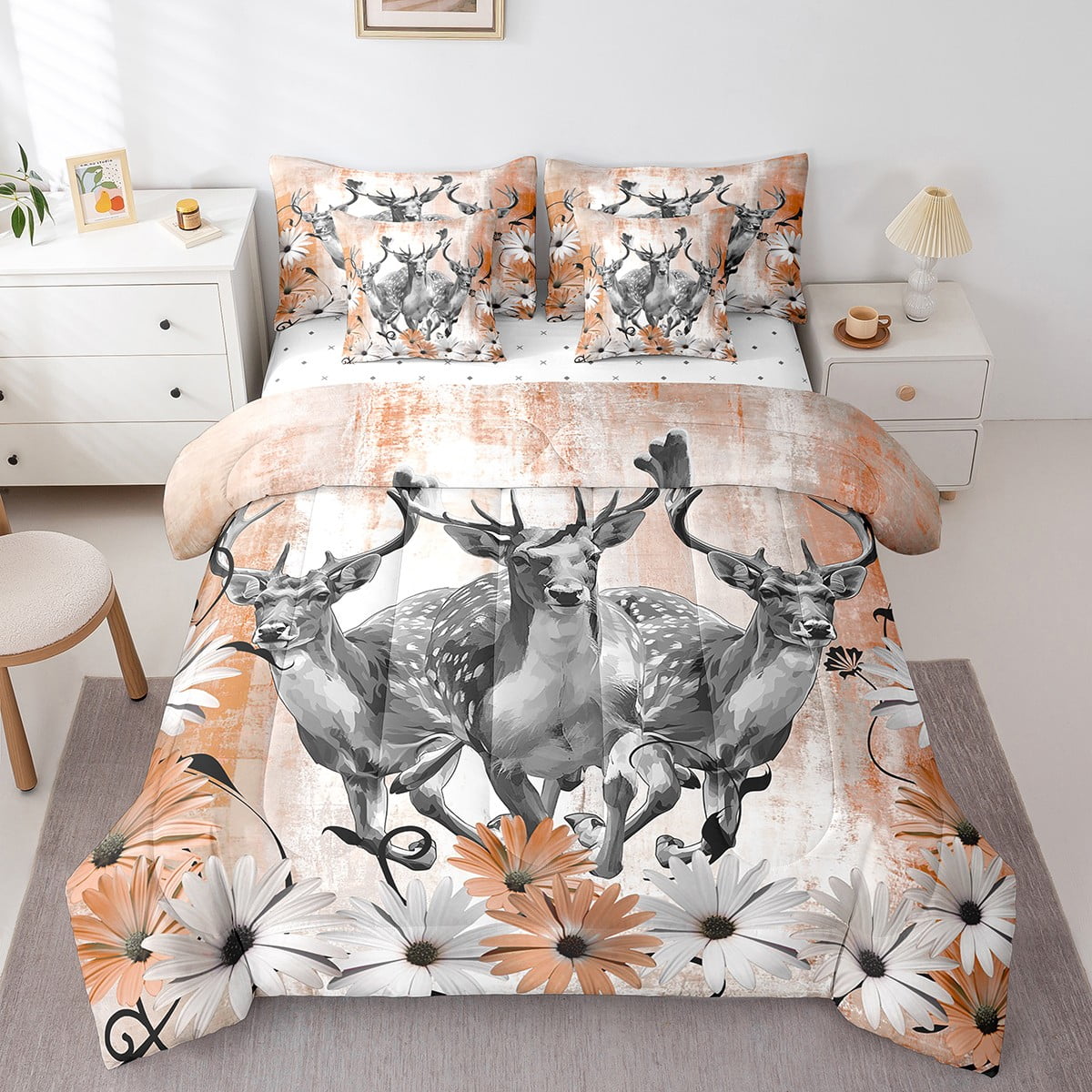 Elk Deer Comforter Set Queen,Daisy Flowers Bed In a Bag Reversible ...