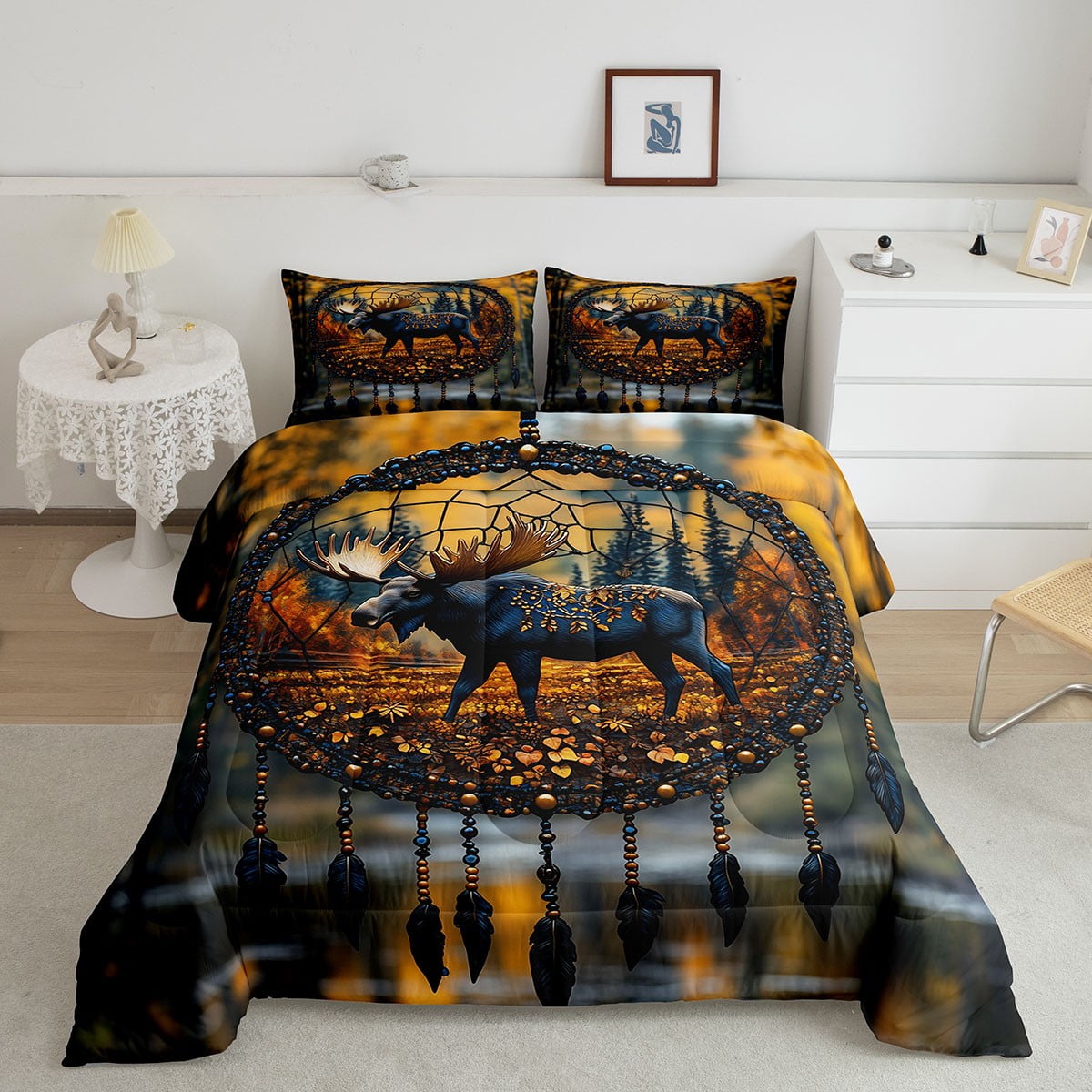 Elk Deer Comforter Set Dream Catchers Bedding Sets s,Boho Feather Quilt ...