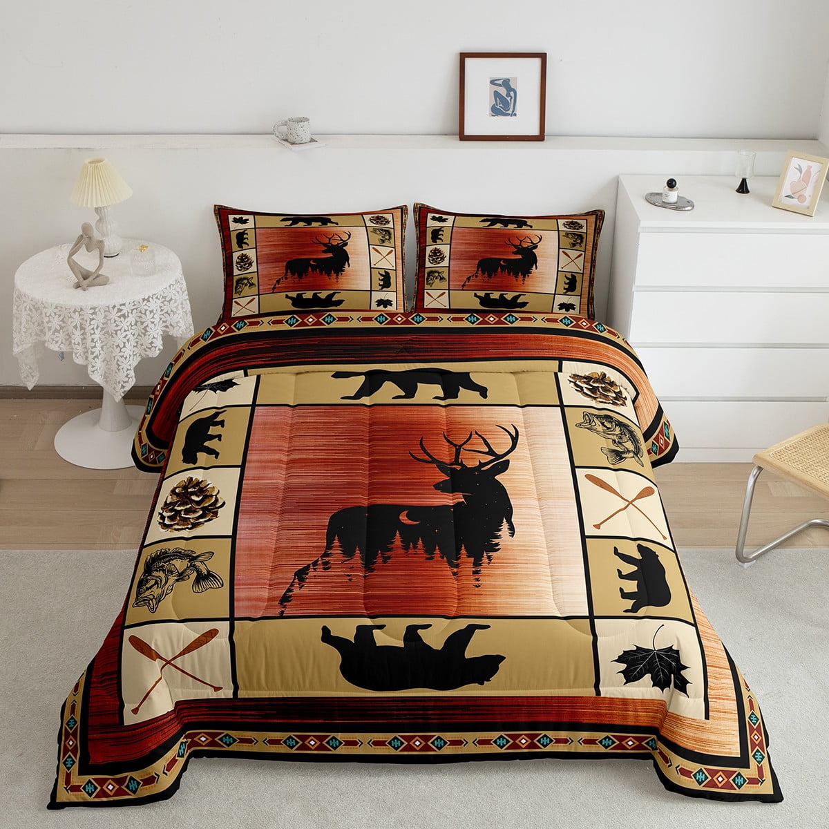 Elk Deer Comforter Set King Woodland Bear Bedding Set,Pike Fish Boat ...