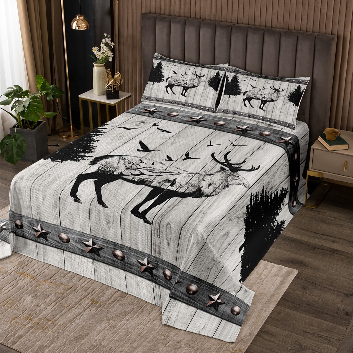 Elk Deer Coverlet Set Rustic Farmhouse Quilt Set King,Grey Vintage ...