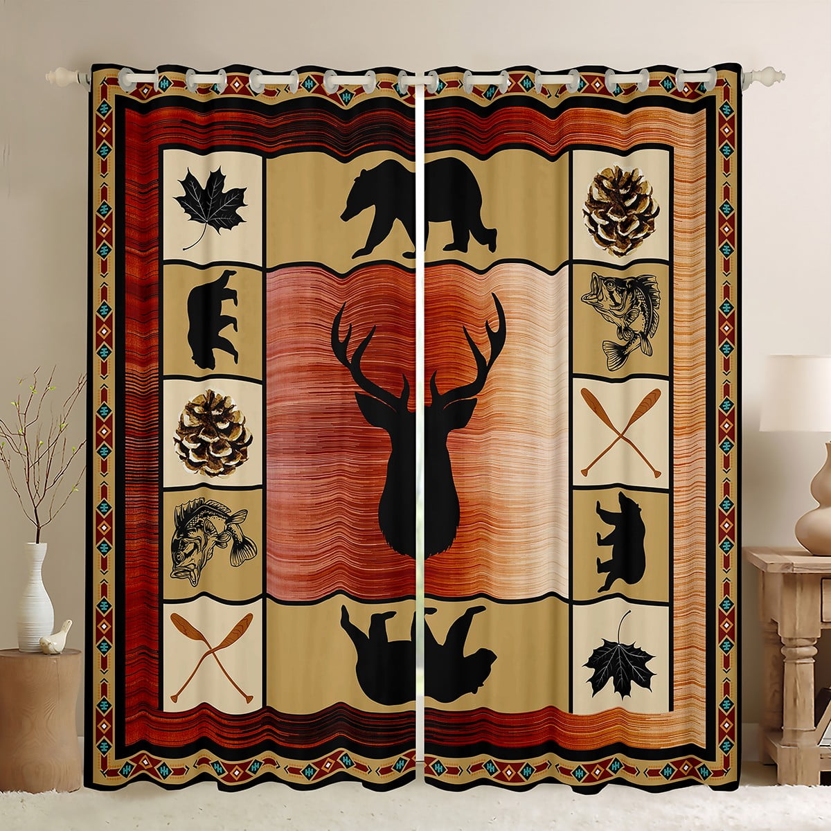 Elk Deer Curtains & Drapes Wild Bear Curtains,Pike Fish Lake Paddle ...