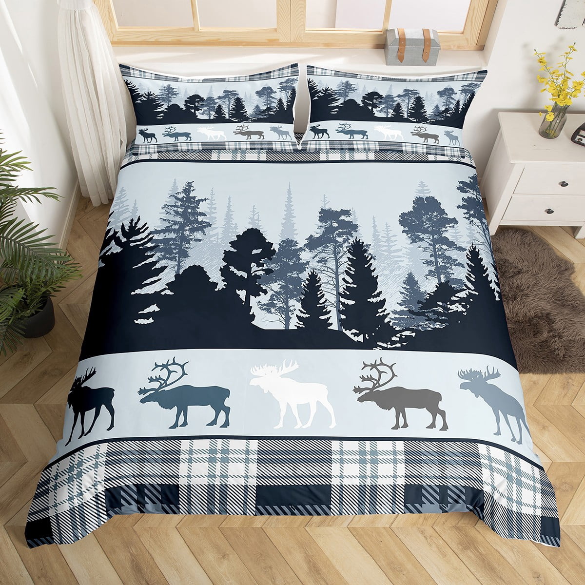 Elk Deer Duvet Cover Blue Buffalo Checkered Plaid Bedding Set Queen ...
